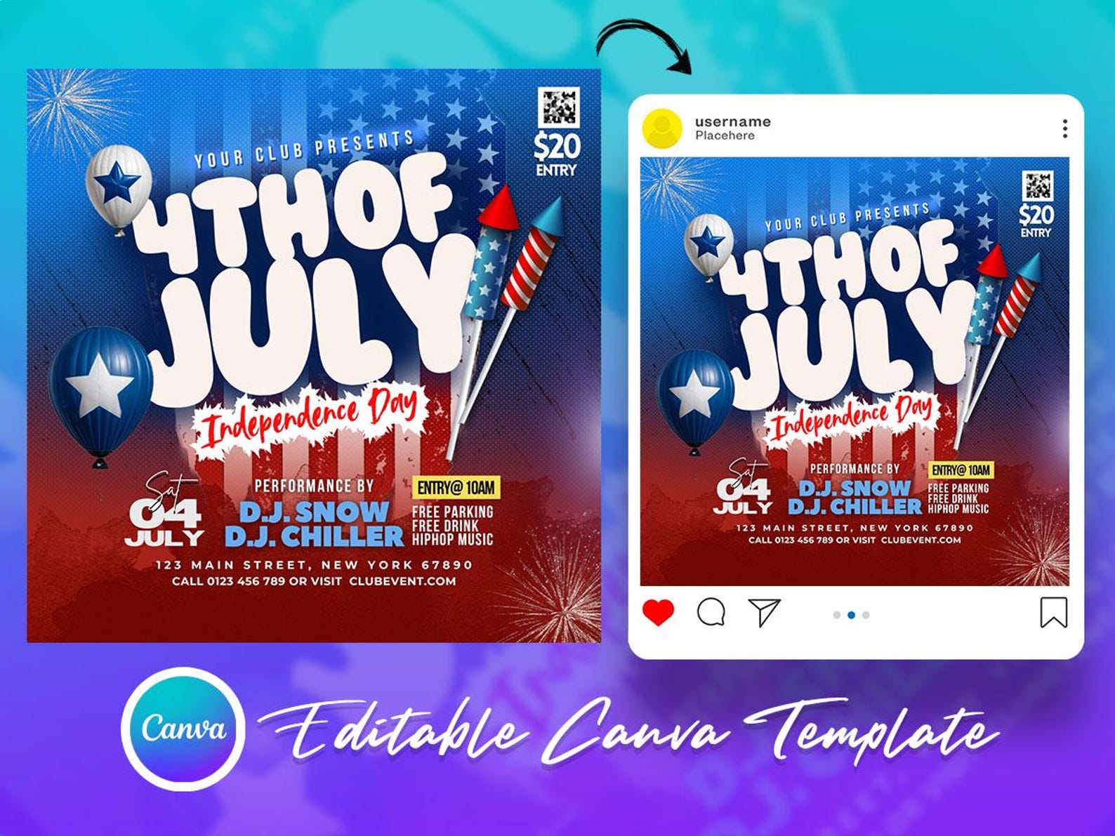 Editable 4th of July Independence Day Party Flyer Canva, USA ...