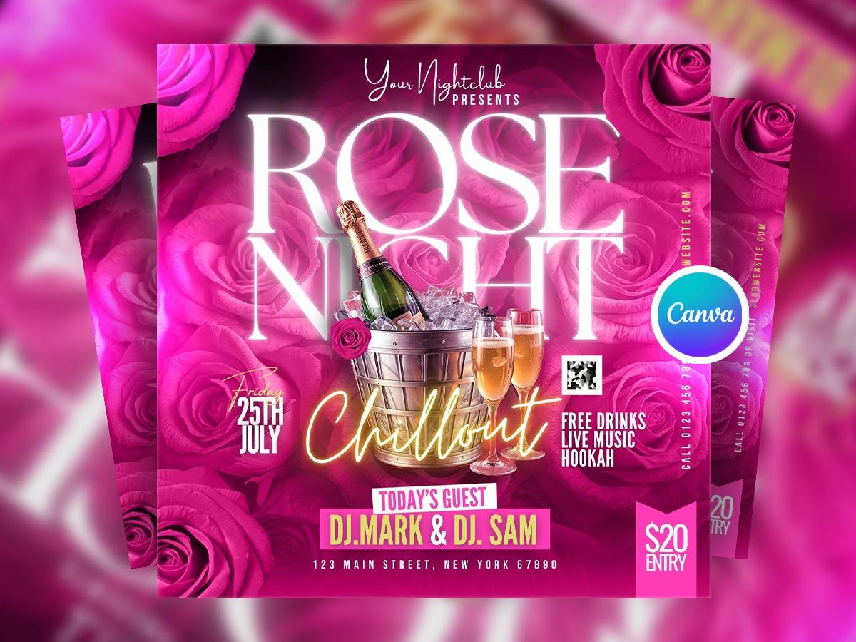 Editable Rose Night Party Flyer Canva, Floral Elegant Club Flyer ...
