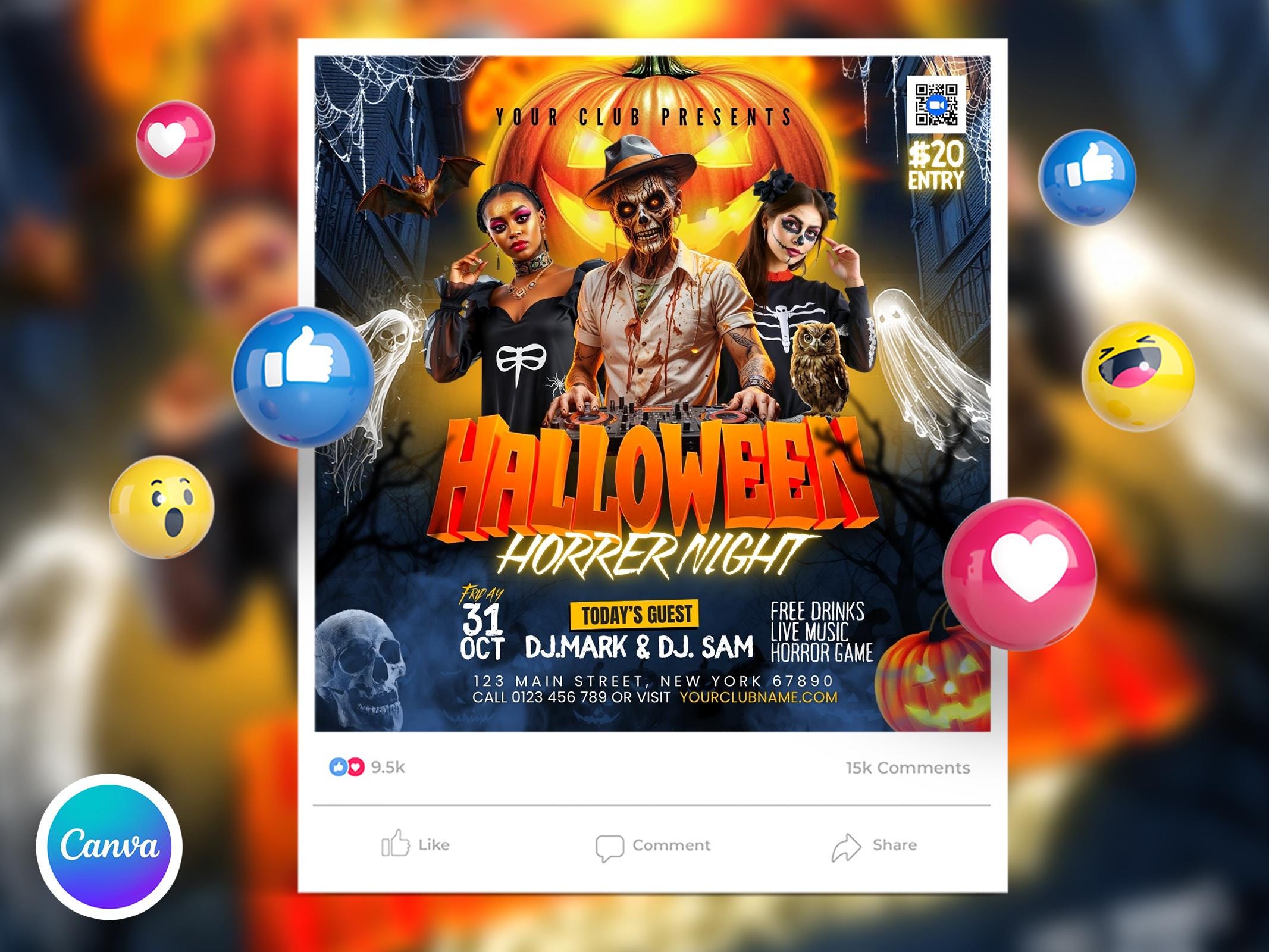 Editable Halloween Party Flyer Canva Template, Spooky Night Club Event ...