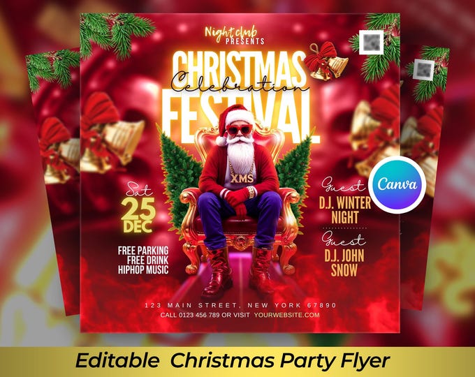 Editable Christmas Night Club Party Flyer Canva Template, Holiday DJ ...