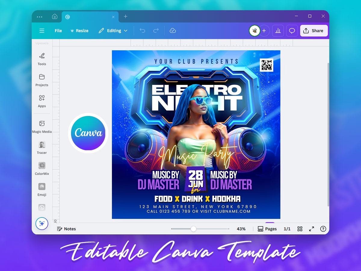 Editable Electro Night Music Party Canva Template, DJ Event Social ...