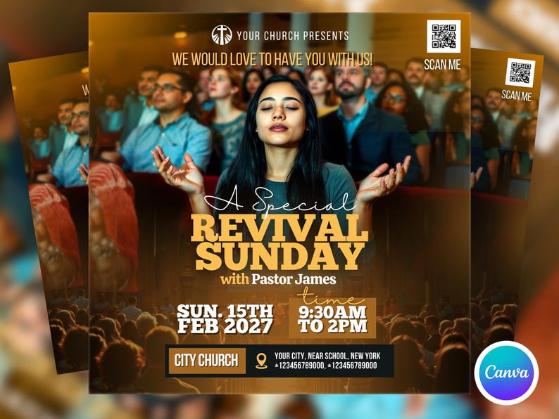 Editable Church Revival Sunday Flyer Canva, Christian Worship Service ...
