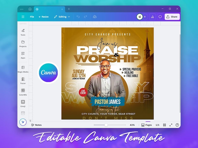Editable Church Worship Flyer Canva Template, Sunday Service Canva ...