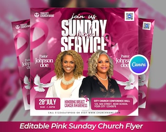 Pink Out Sunday Church Flyer Template | Editable Canva & PSD | Breast ...