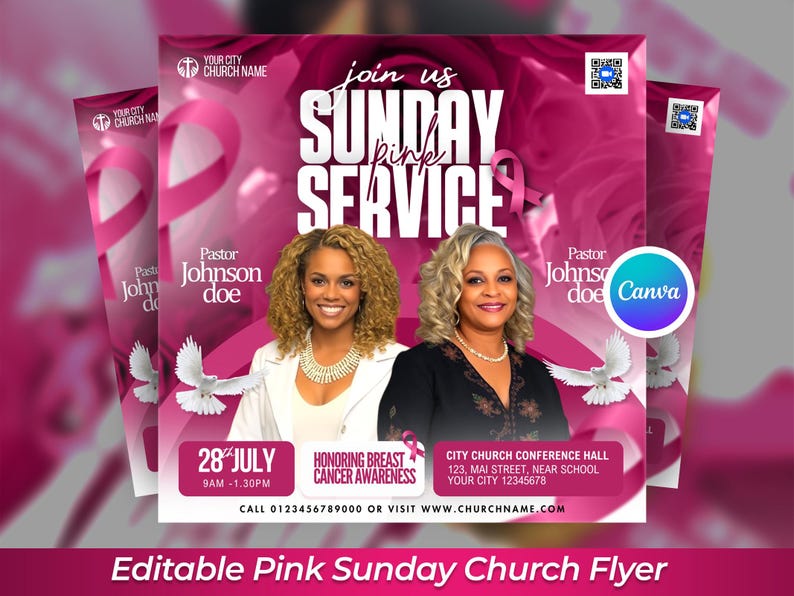 Editable Pink Sunday Church Flyer Canva Template, Women’s Church Event ...