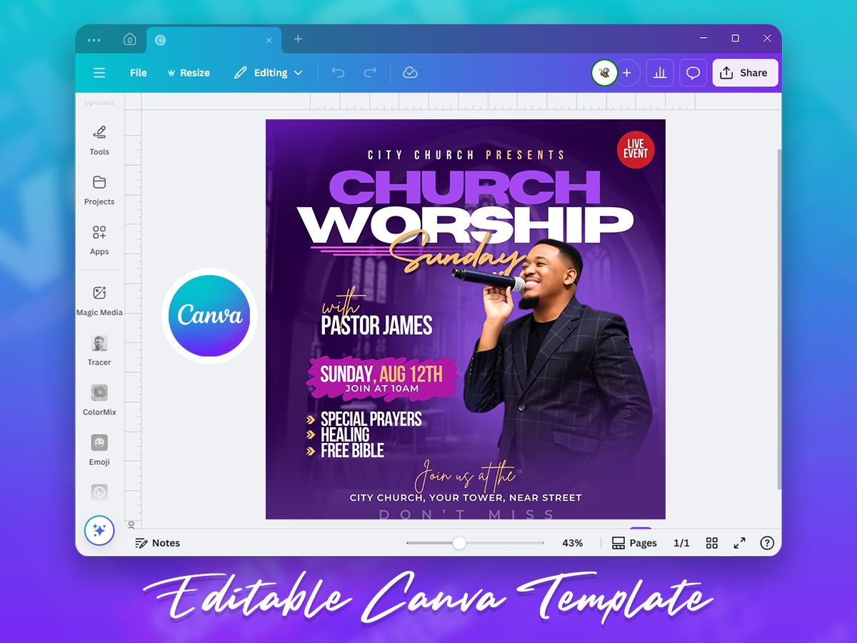 Editable Church Worship Flyer Canva, Sunday Service Church Flyer ...