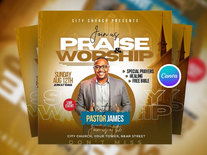 Editable Church Worship Flyer Canva Template, Sunday Service Canva ...