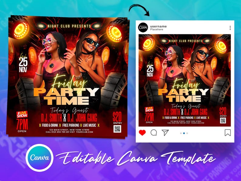 Editable Nightclub Party Social Media Flyer Canva Template, DJ Club ...