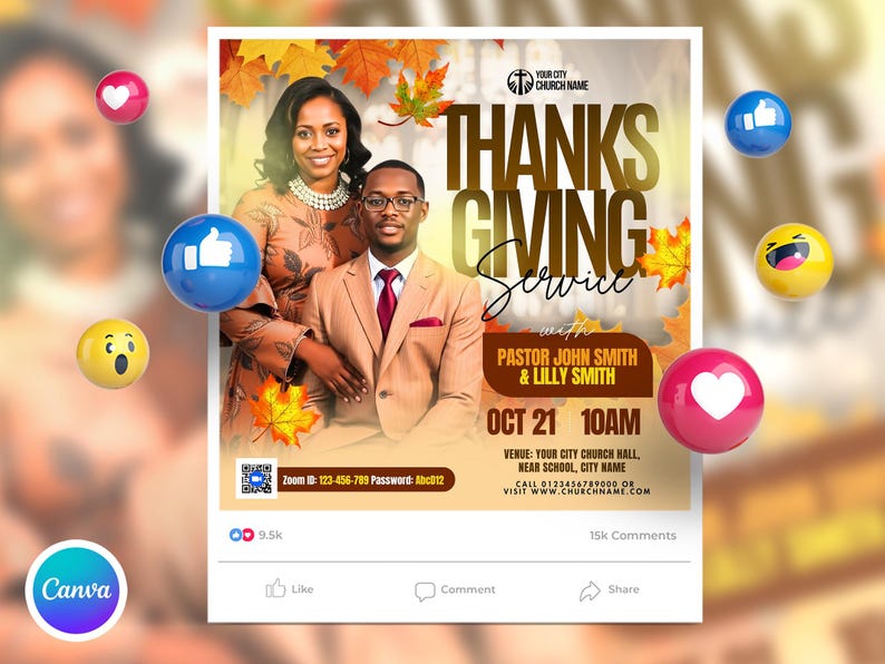 Editable Thanksgiving Church Flyer Canva Template, Fall Worship Service ...