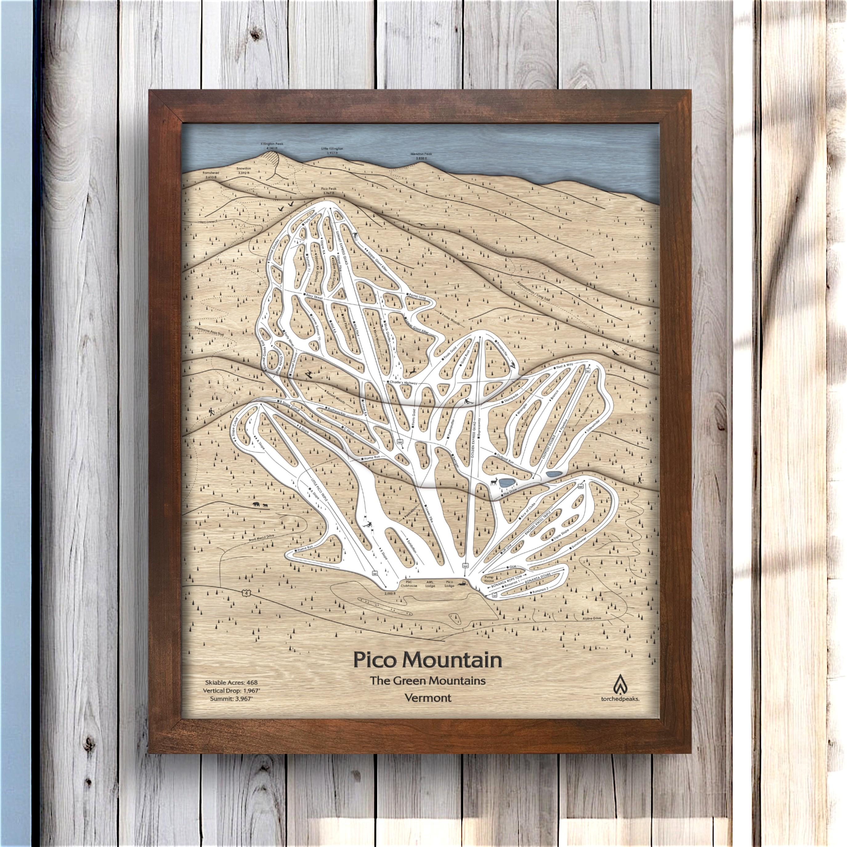 Pico Mountain, VT Ski Trail Map | Custom Wood Ski Resort Map, Ski Decor ...