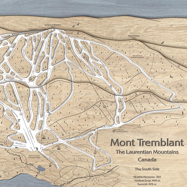Mont Tremblant, Canada Ski Trail Map | Wooden Ski Resort Map | Skiing ...