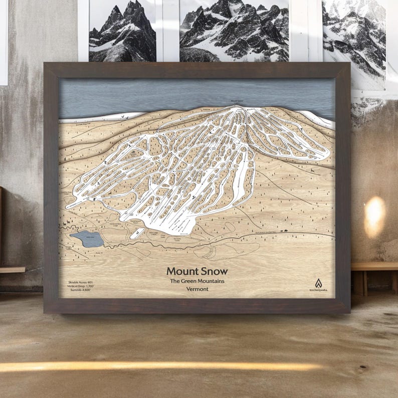 3D Mount Snow, VT Ski Trail Map Art Custom Wood Ski Map, Ski Decor, Ski ...
