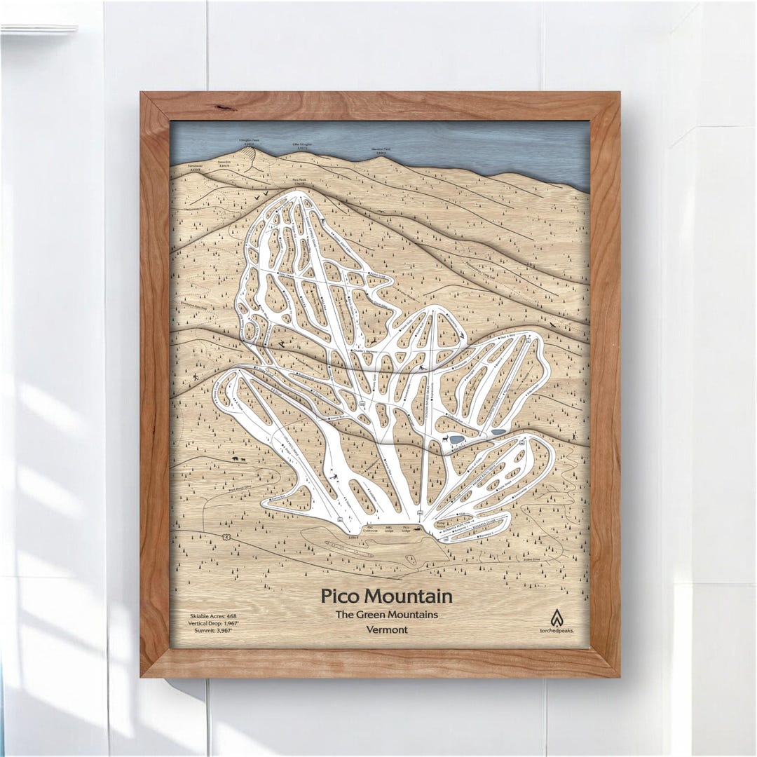 Pico Mountain, VT Ski Trail Map | Custom Wood Ski Resort Map, Ski Decor ...
