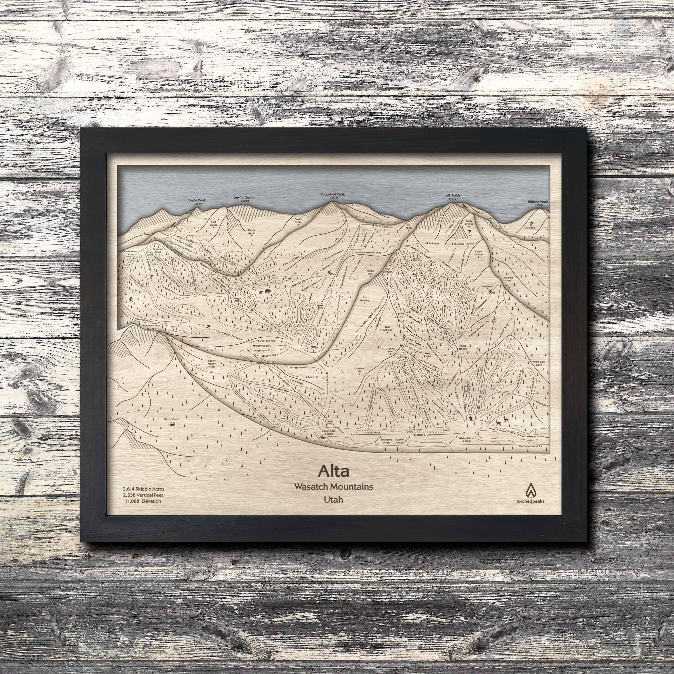 Alta Ski Trail Map | Wooden Alta Mountain Utah Ski Resort Map, Mountain ...