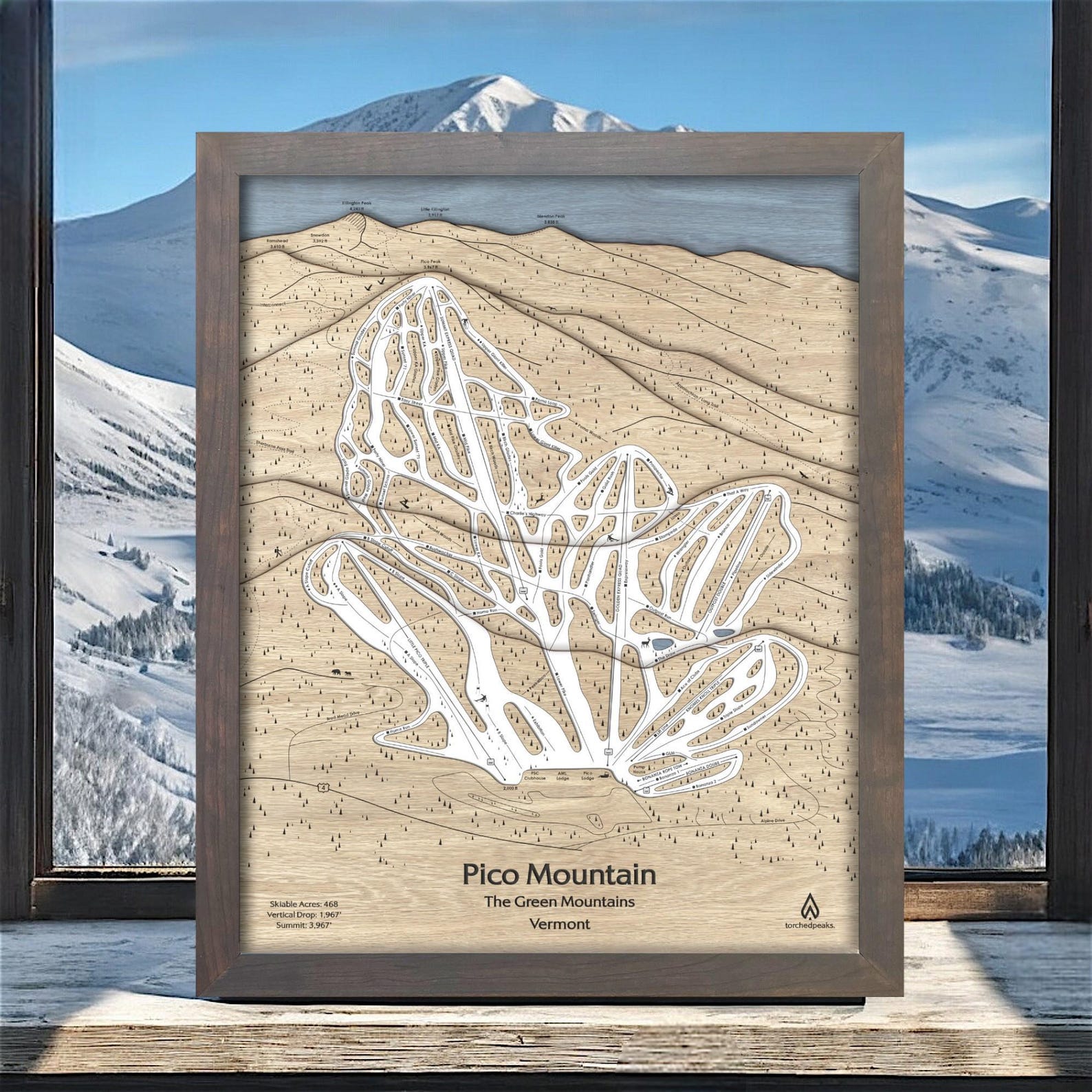 Pico Mountain, VT Ski Trail Map | Custom Wood Ski Resort Map, Ski Decor ...