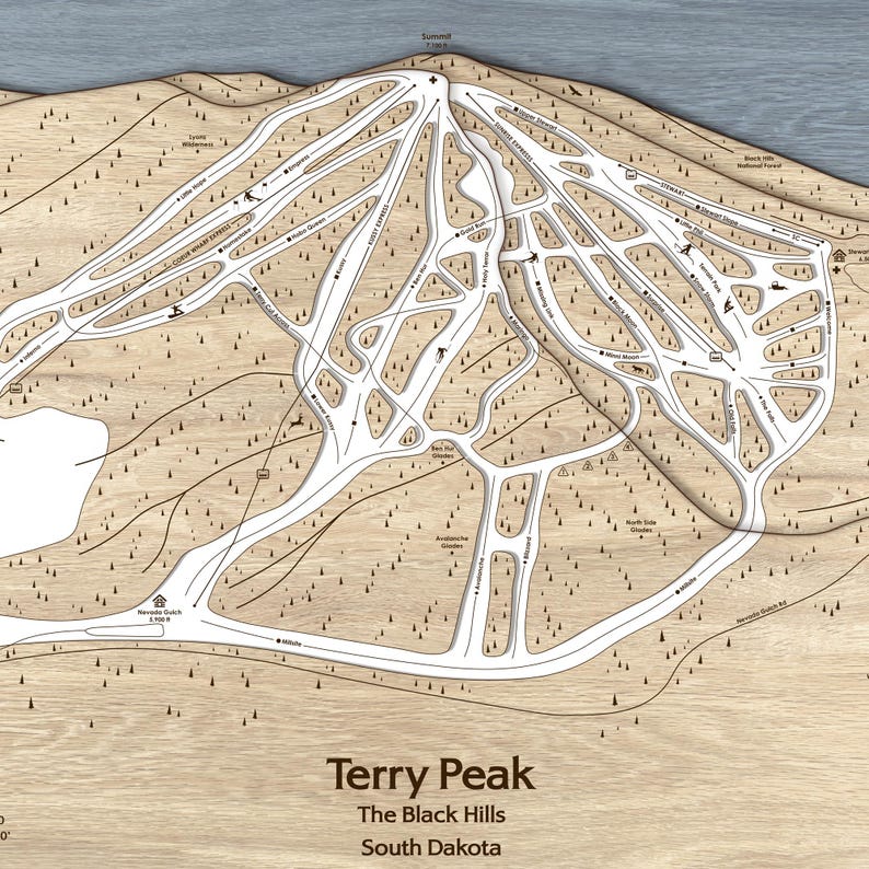 Terry Peak, SD Ski Trail Map | Wooden Ski Resort Map | Skiing Wall Art ...
