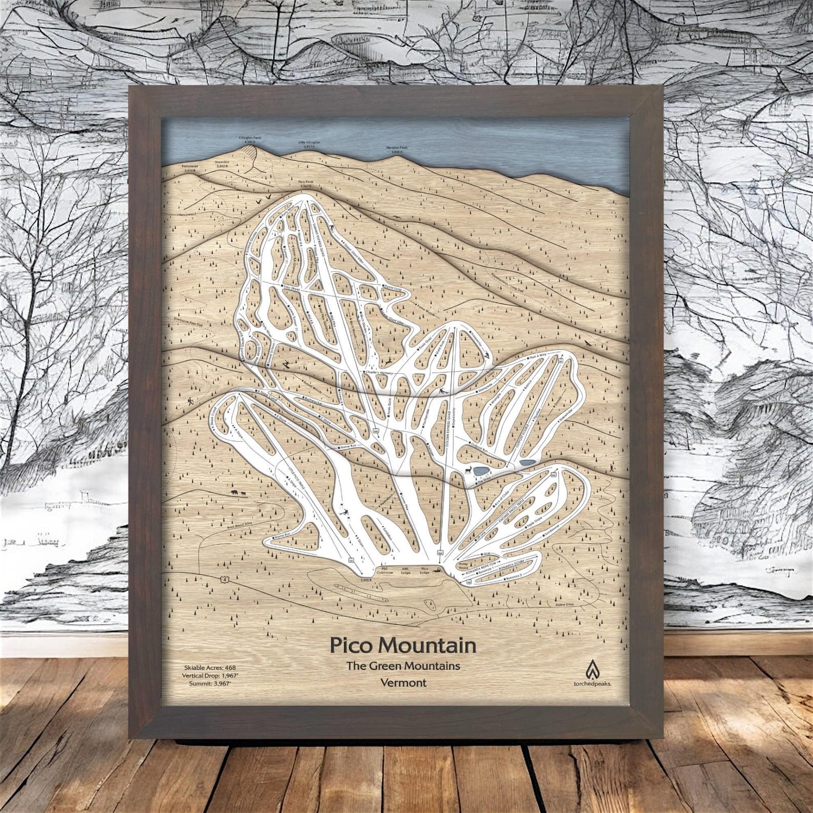 Pico Mountain, VT Ski Trail Map | Custom Wood Ski Resort Map, Ski Decor ...
