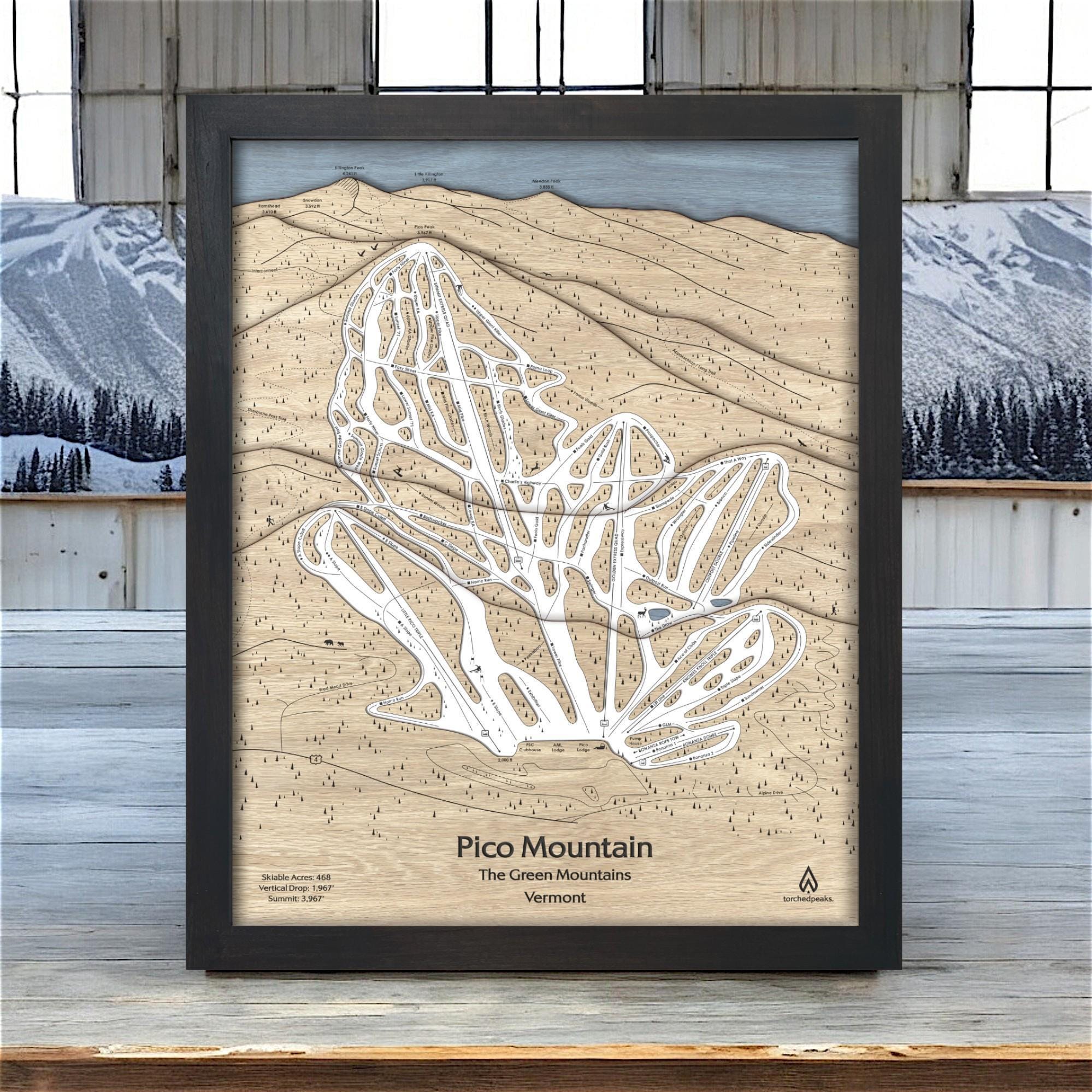 Pico Mountain, VT Ski Trail Map | Custom Wood Ski Resort Map, Ski Decor ...