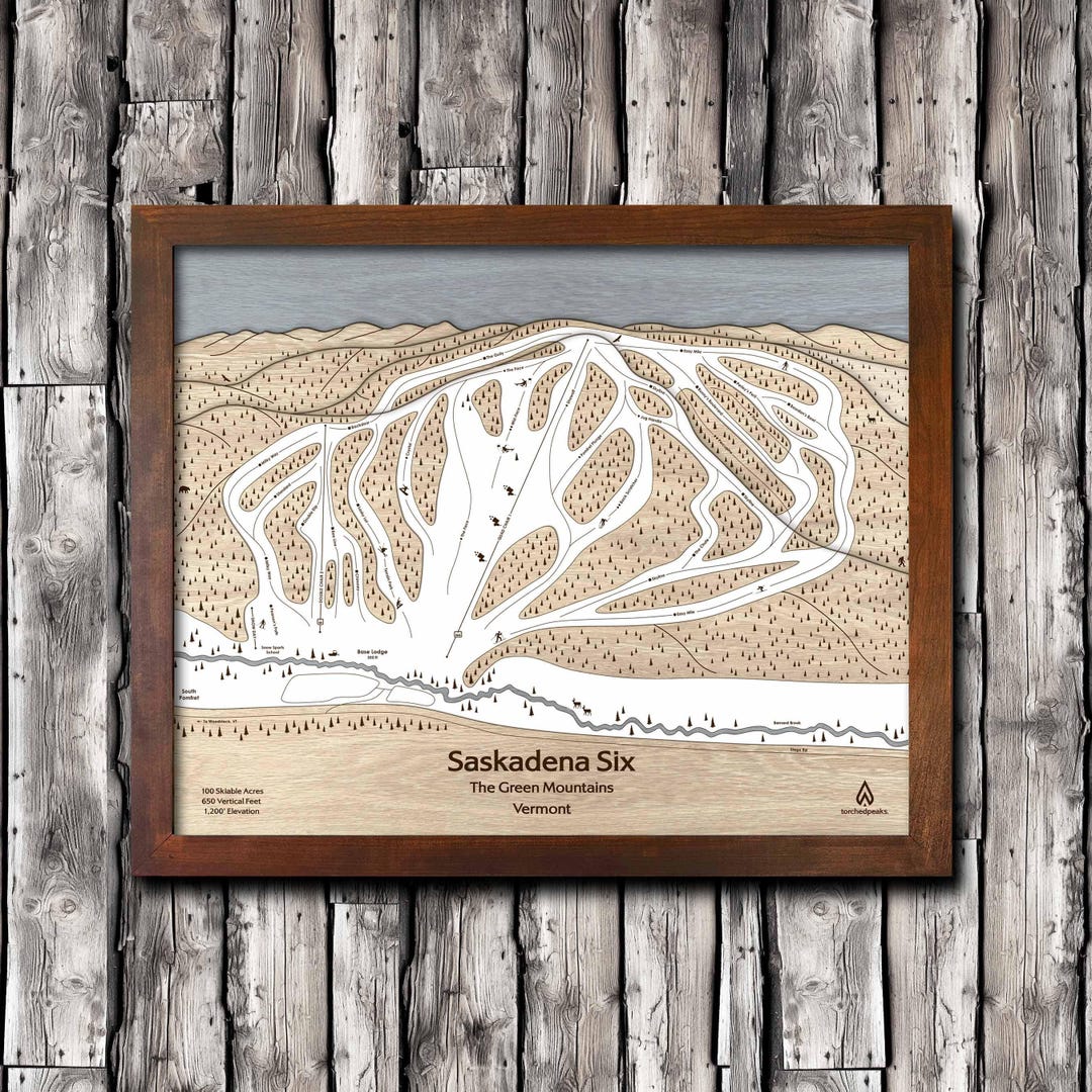Saskadena Six, VT Ski Trail Map Art | Wooden Ski Slope Art, Layered ...