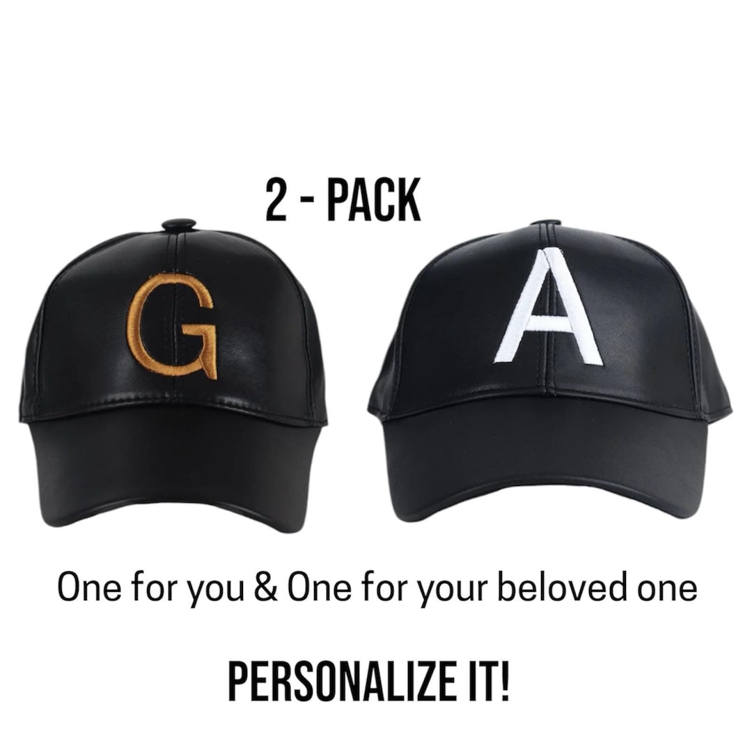 Personalized Black Cap - 2PACK, Custom Embroidered Initial, Leather Cap ...
