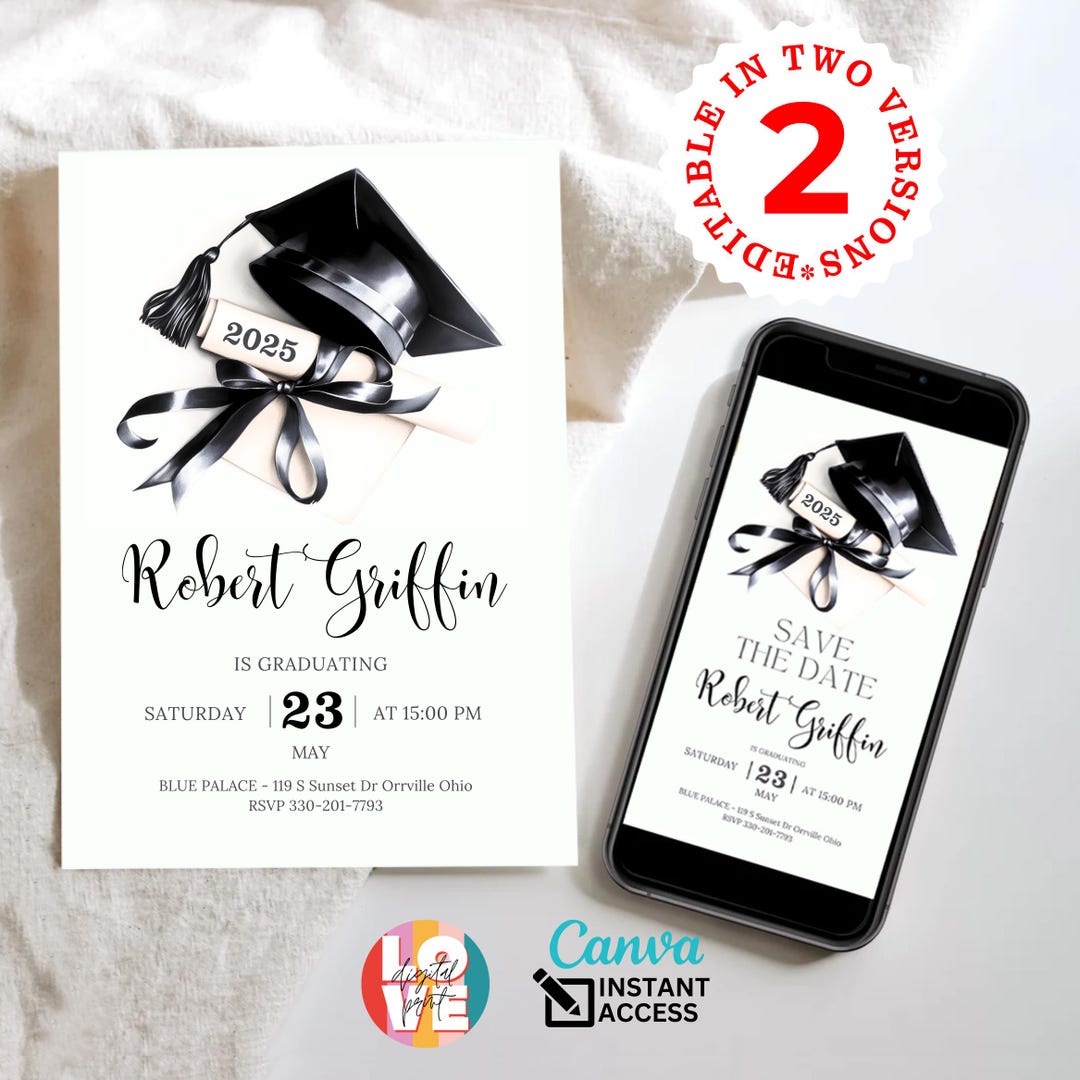 Save the Date Graduation. Simple Invite Editable Digital Template ...