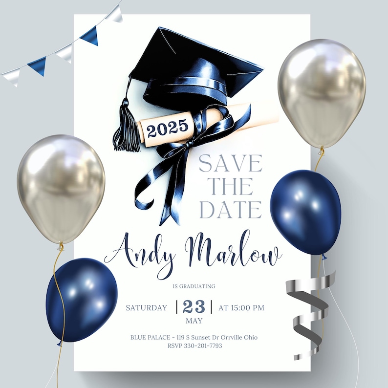 Save the Date Graduation.simple Invite Editable Digital Template Blue ...