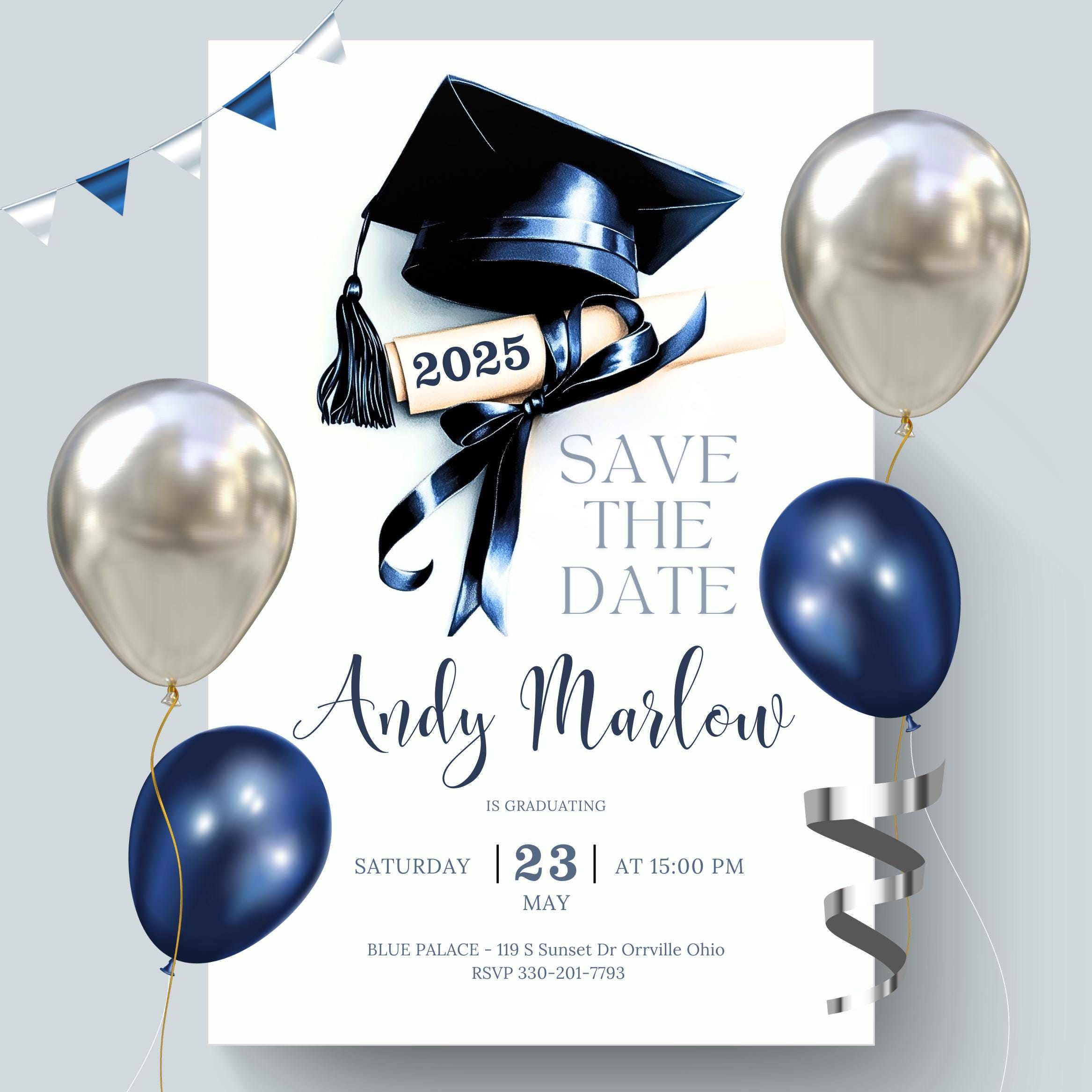 Save the Date Graduation.simple Invite Editable Digital Template Blue ...