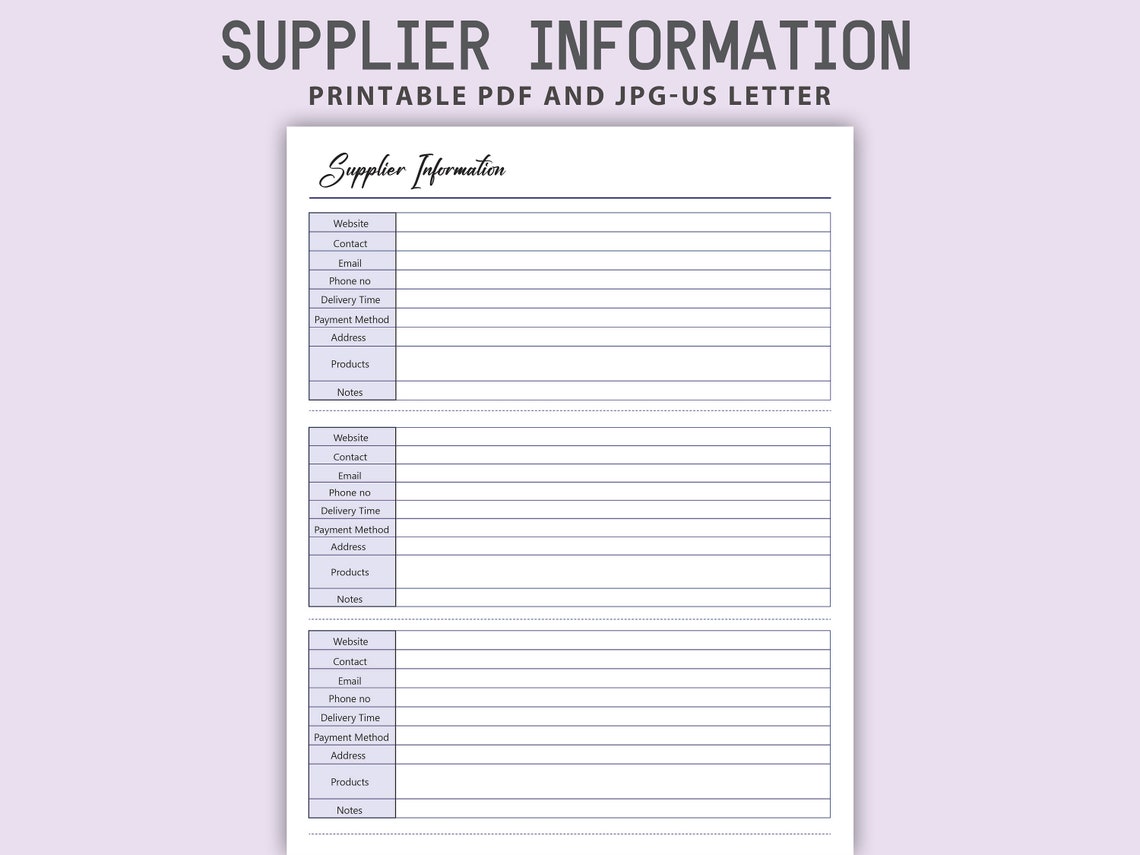 Supplier Information Template: Vendor Details Form (printable PDF) - Etsy