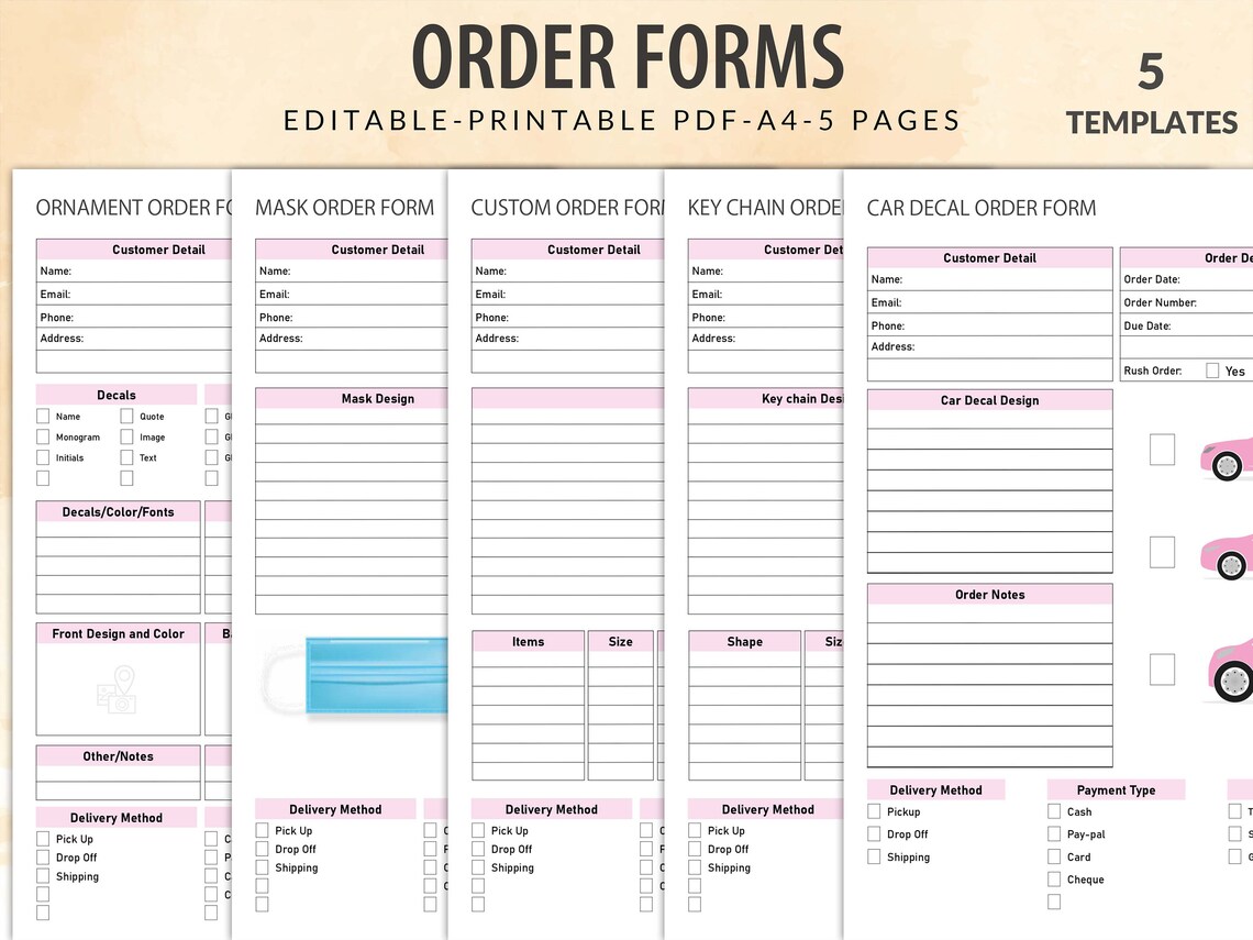 5 Editable Order Forms Bundle, Order Form Template Printable, Printable ...