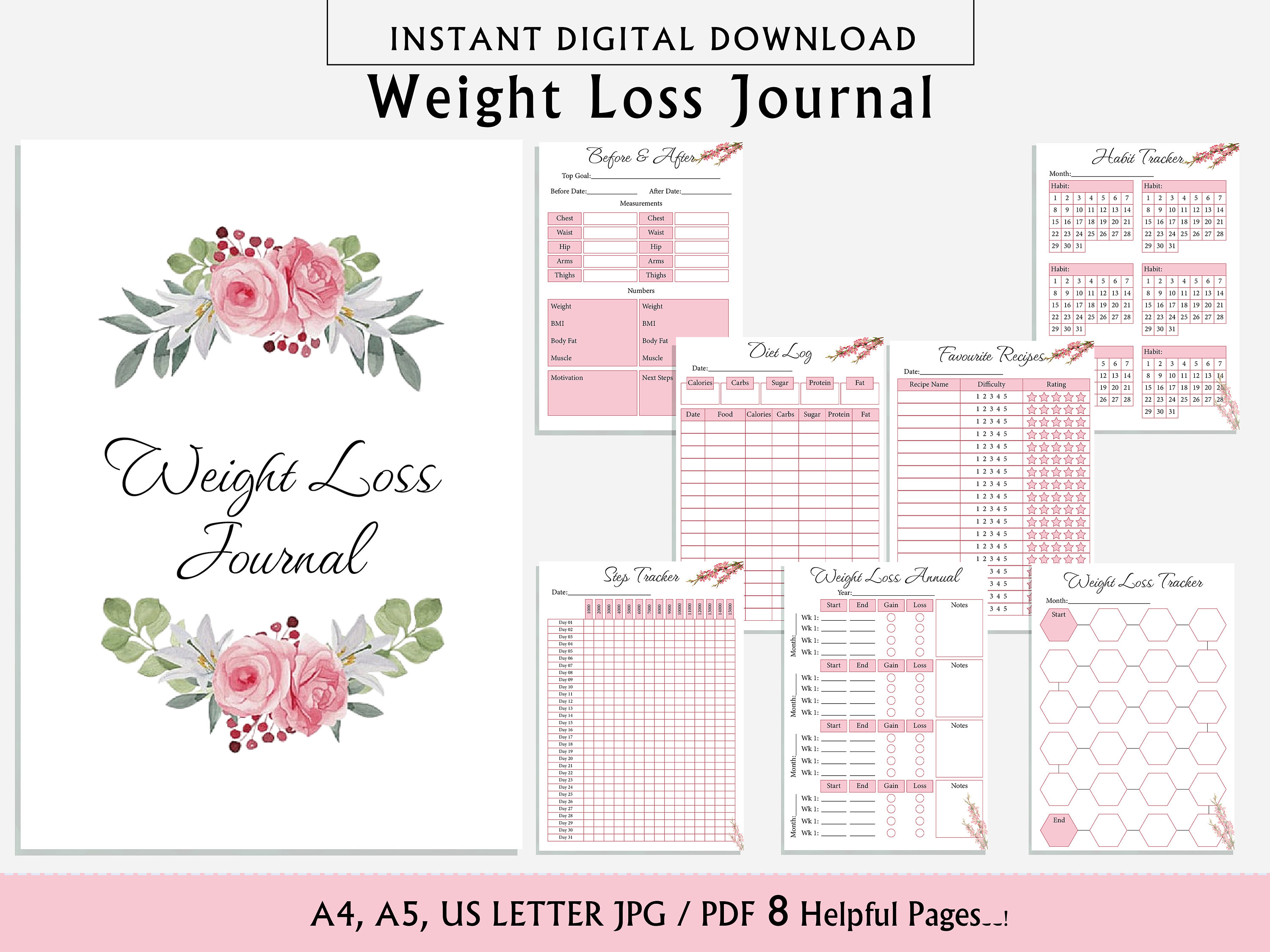 Weightloss Journal Printable Measurement, Workout Journal Pdf ...