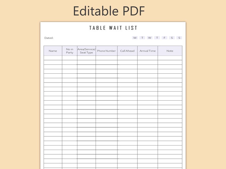 Restaurant Table Wait List Template: Seating Plan, Reservation Tracker ...