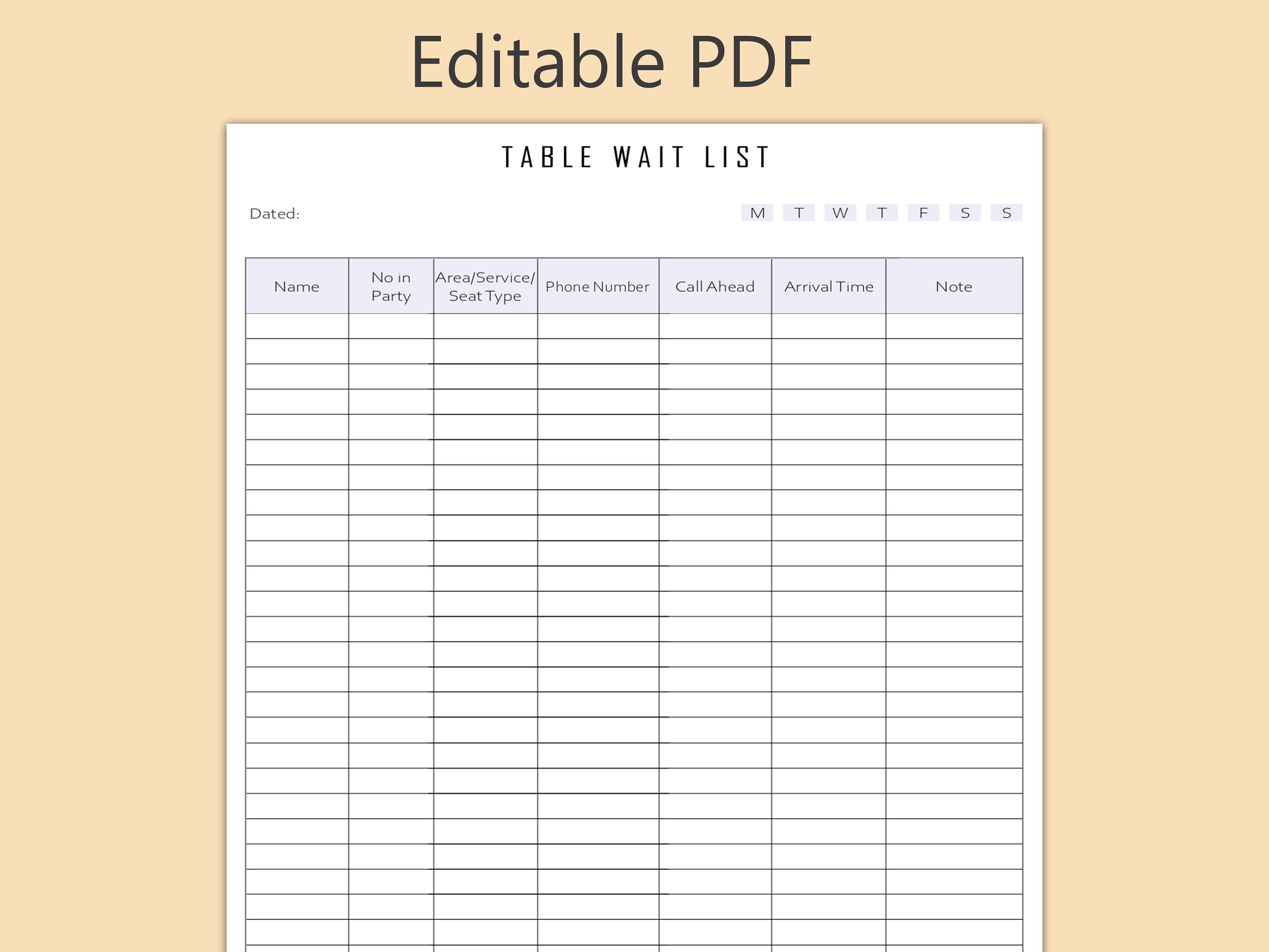 Table Wait List Template, Restaurant Seating Plan, Reservation Tracker ...