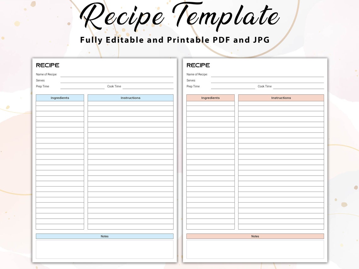 Recipe Template, Cooking Template, Recipe Card, Recipe Design ...