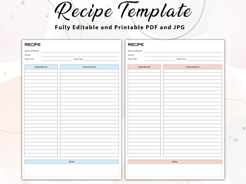 Recipe Template, Cooking Template, Recipe Card, Recipe Design ...