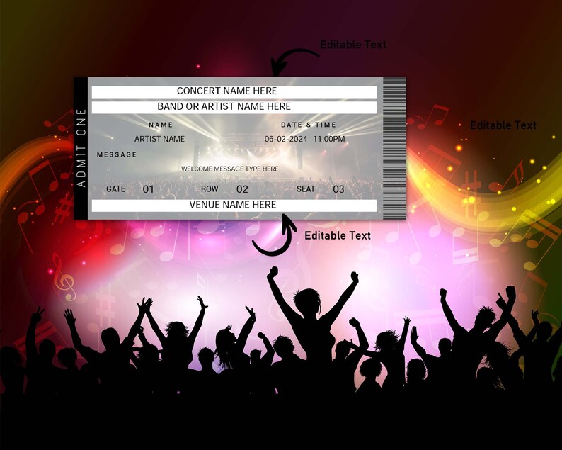 Editable Concert Ticket Template: Printable Music Event Gift (PDF) - Etsy