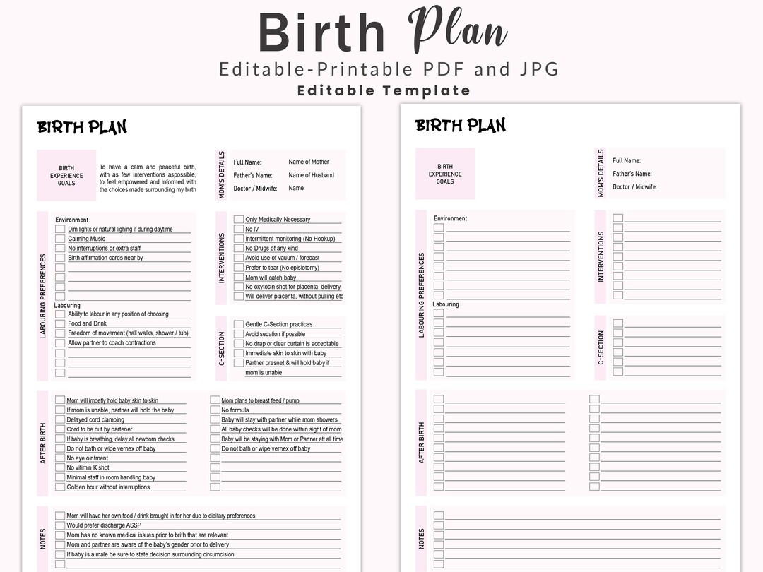 Comprehensive Birth Plan Template, Editable and Printable Birthing Plan ...