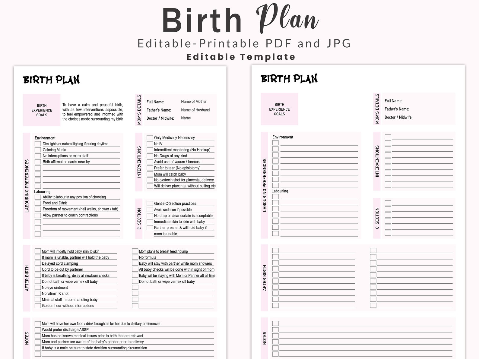 Comprehensive Birth Plan Template, Editable and Printable Birthing Plan ...