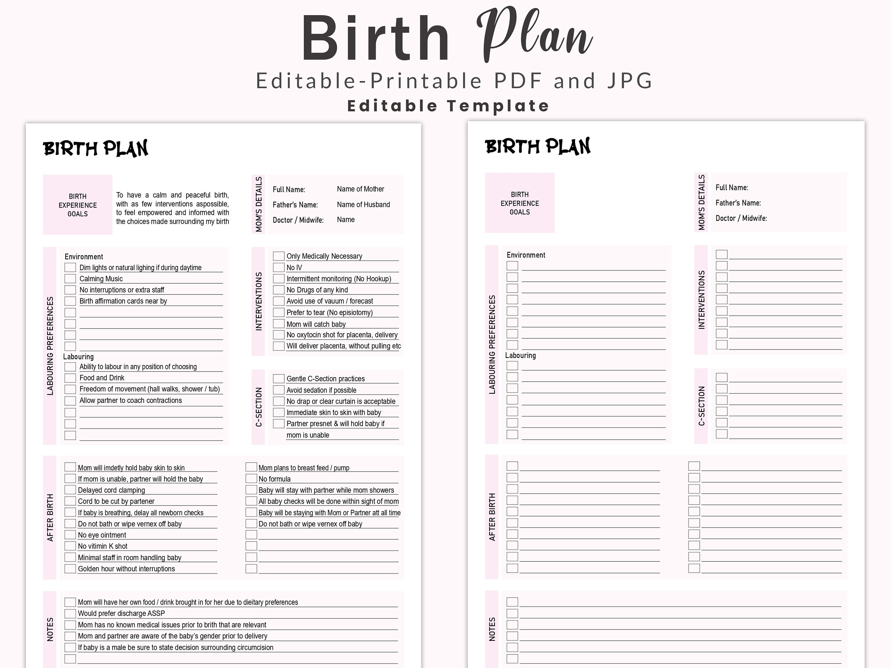 Comprehensive Birth Plan Template, Editable and Printable Birthing Plan ...