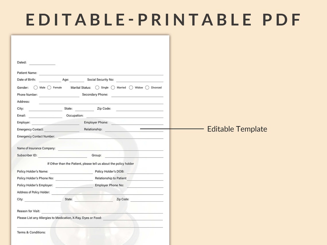 Patient History Form: Medical Health Record Template (A4 Editable PDF ...