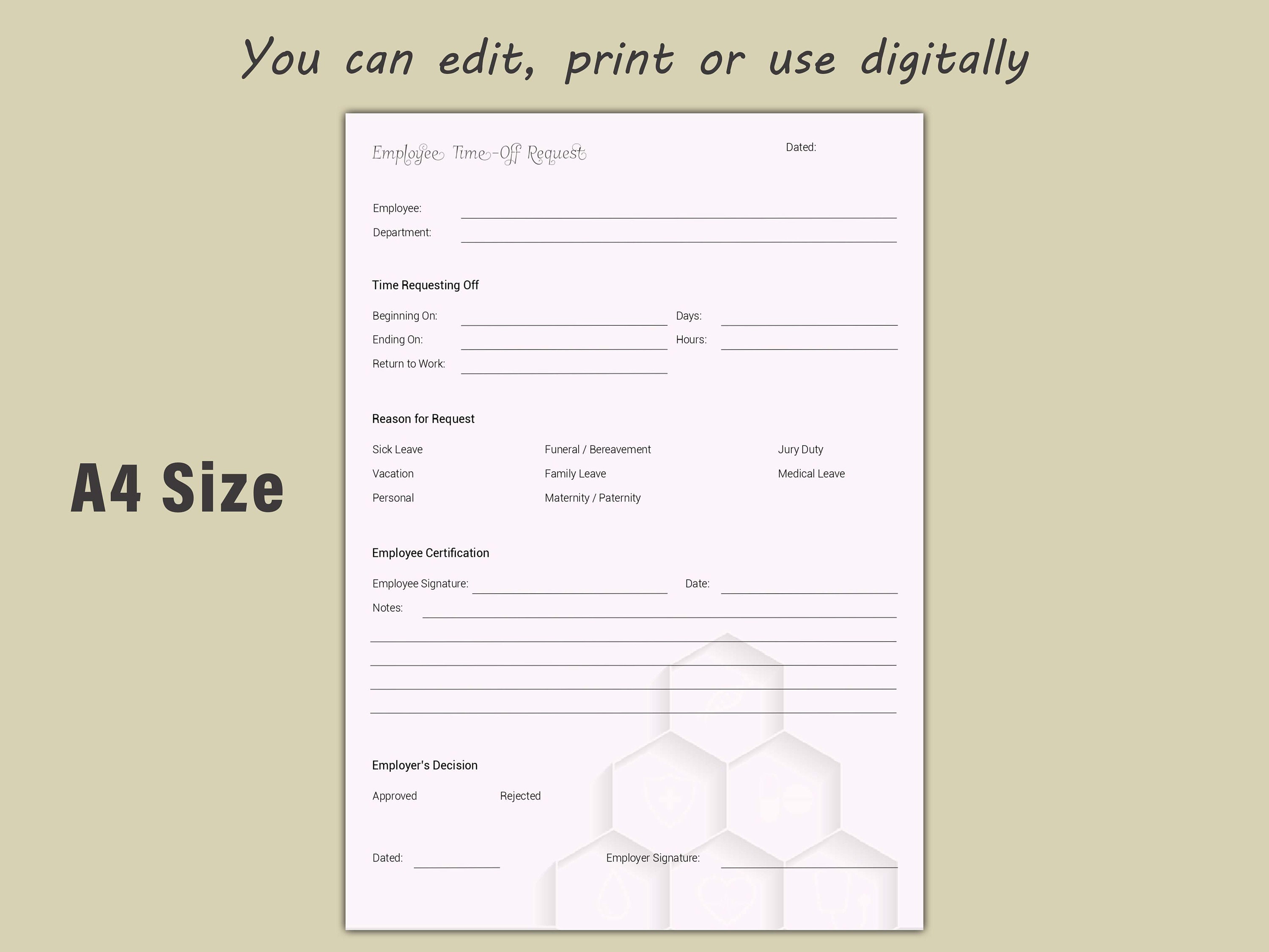 Employee Time off Request Template: Editable & Printable (A4 PDF) - Etsy