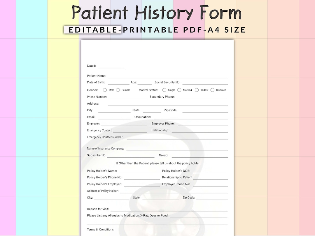 Patient History Form: Medical Health Record Template (A4 Editable PDF ...