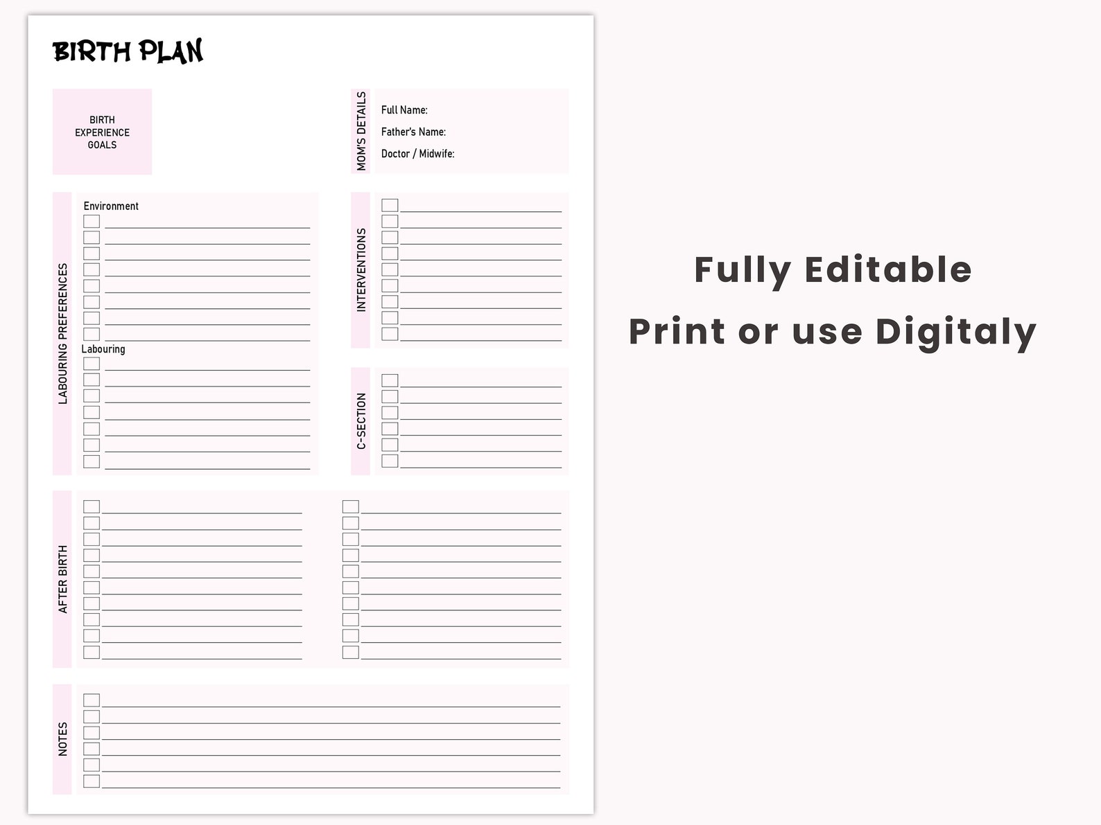 Comprehensive Birth Plan Template, Editable and Printable Birthing Plan ...