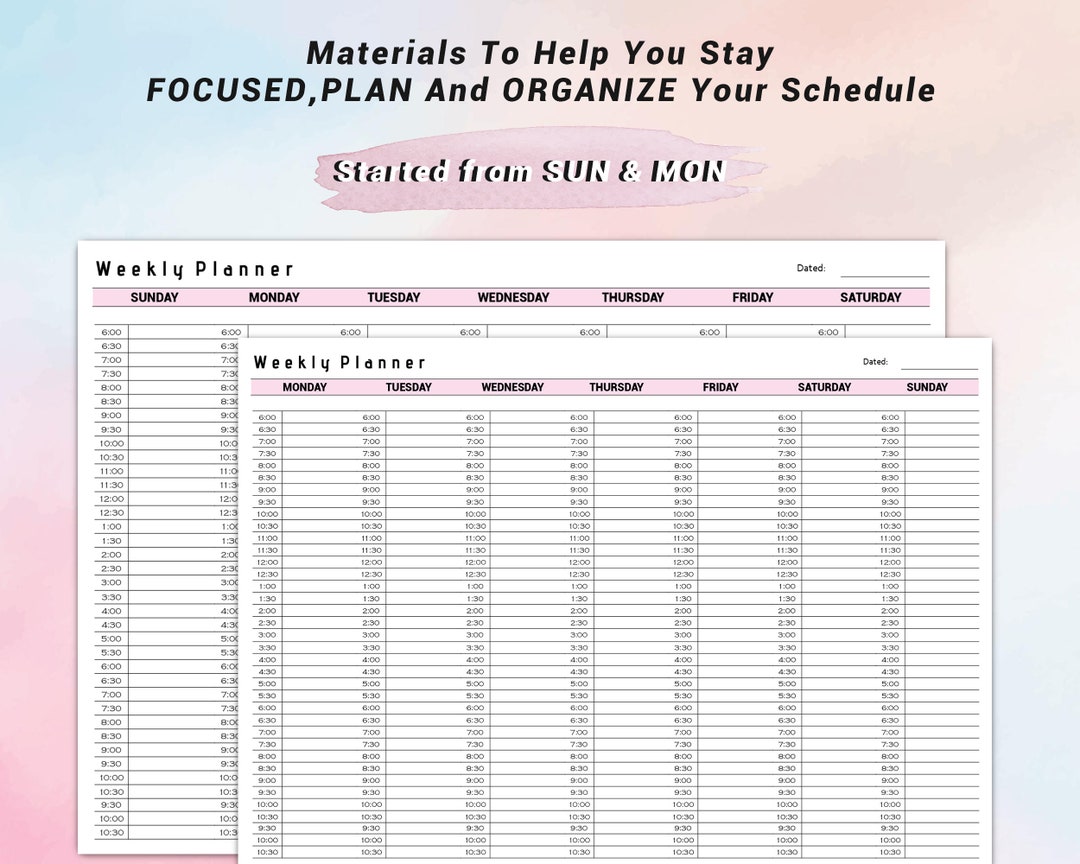 Undated Half an Hour Weekly Planner, Half-hour Intervals, Weekly ...
