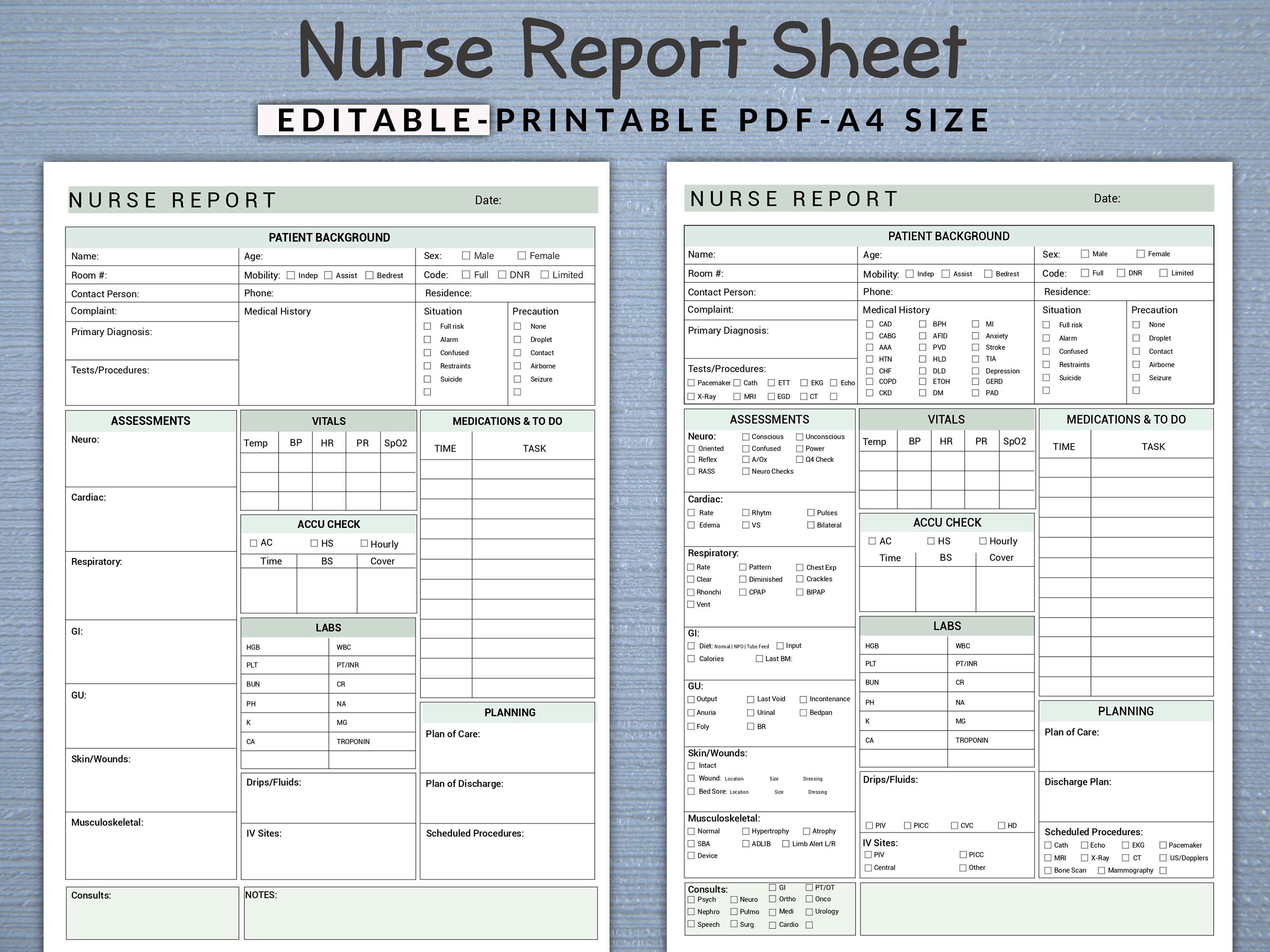 Editable Nursing Report Sheet, Nurse Brain Sheet, Printable Nurse ...