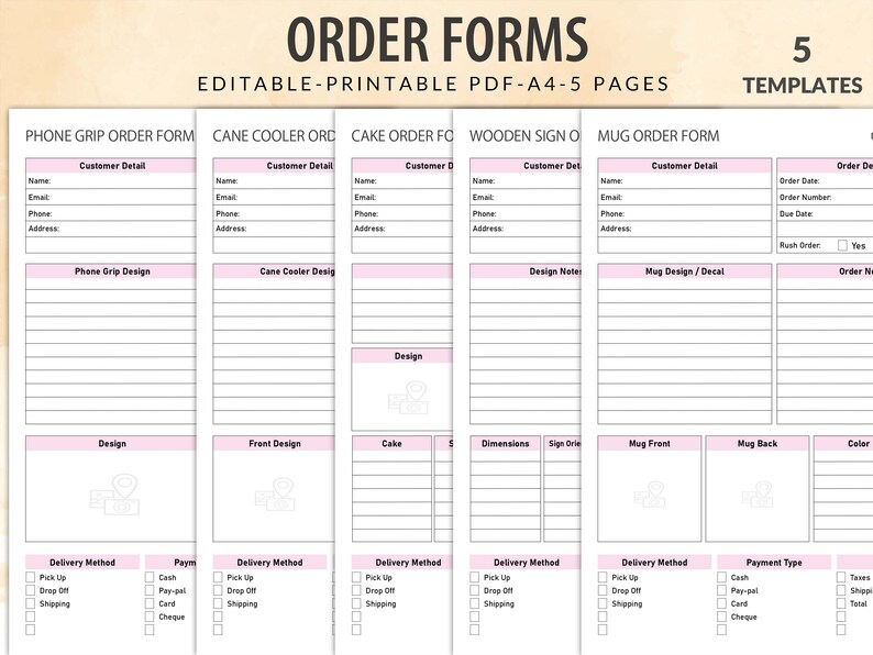 5 Editable Order Forms Bundle, Order Form Template Printable, Printable ...