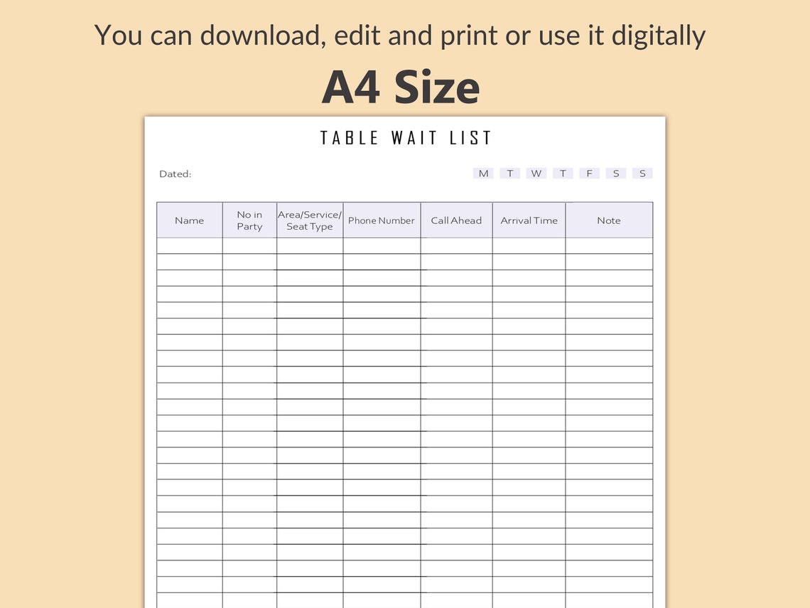 Table Wait List Template, Restaurant Seating Plan, Reservation Tracker ...