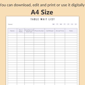 Table Wait List Template, Restaurant Seating Plan, Reservation Tracker ...