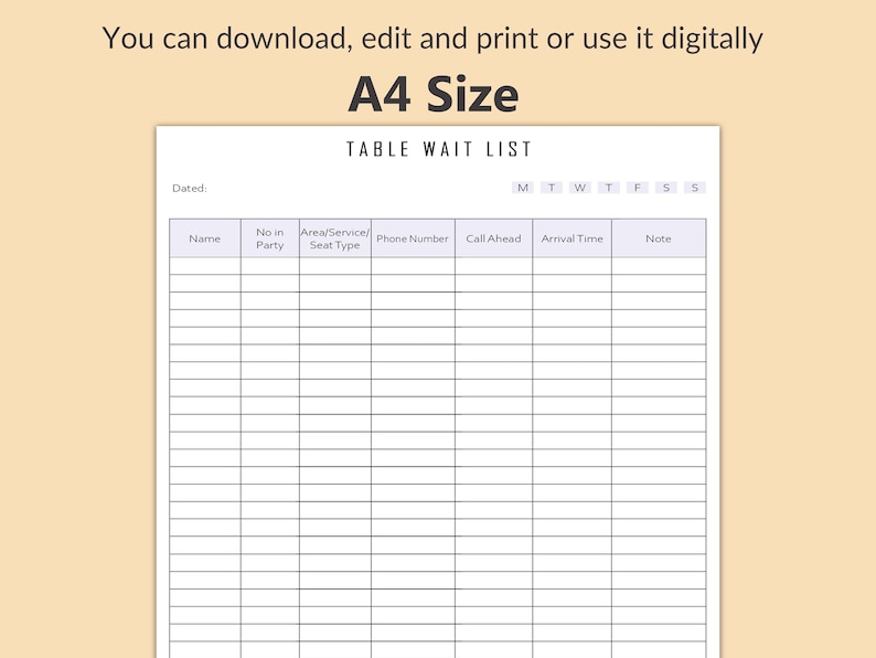 Table Wait List Template, Restaurant Seating Plan, Reservation Tracker ...