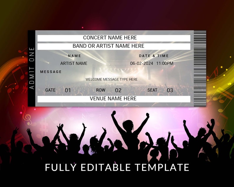 Editable Concert Ticket Template: Printable Music Event Gift (PDF) - Etsy