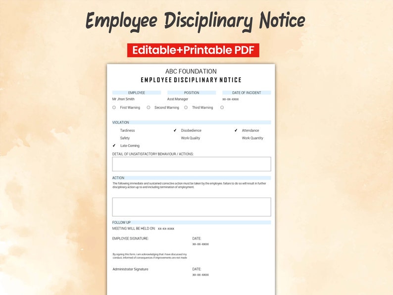 Employee Disciplinary Notice Template: HR Business Form (A4 PDF) - Etsy